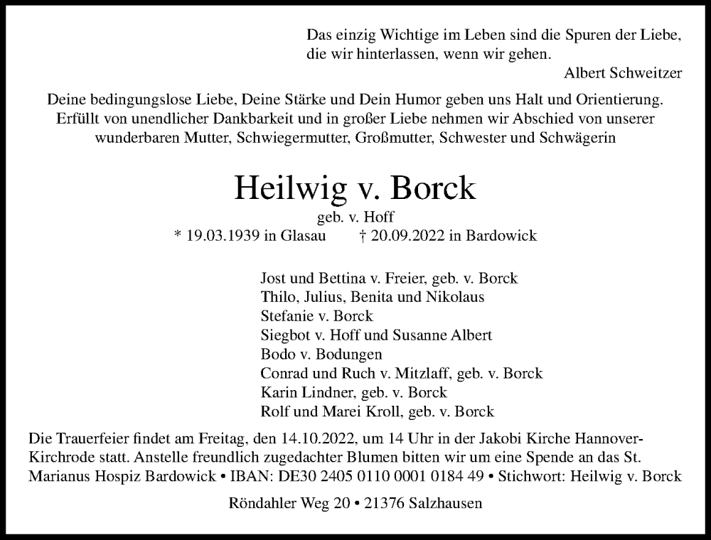 Traueranzeigen von Heilwig v. Borck | trauer-anzeigen.de