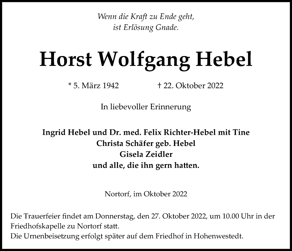 Traueranzeigen von Horst Wolfgang Hebel | trauer-anzeigen.de