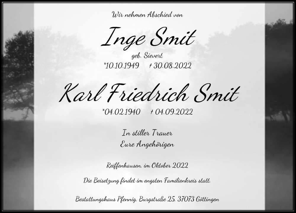 Traueranzeigen von Inge Smit | trauer-anzeigen.de