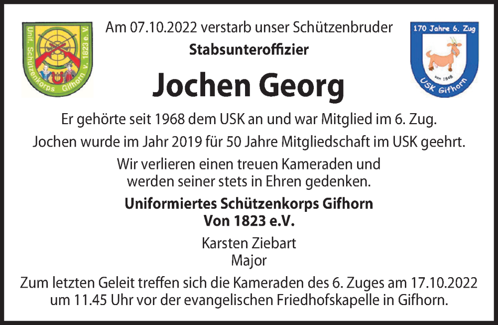 Traueranzeigen von Jochen Georg | trauer-anzeigen.de