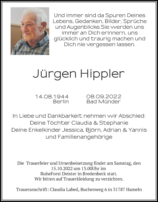 Traueranzeigen von Jürgen Hippler | trauer-anzeigen.de
