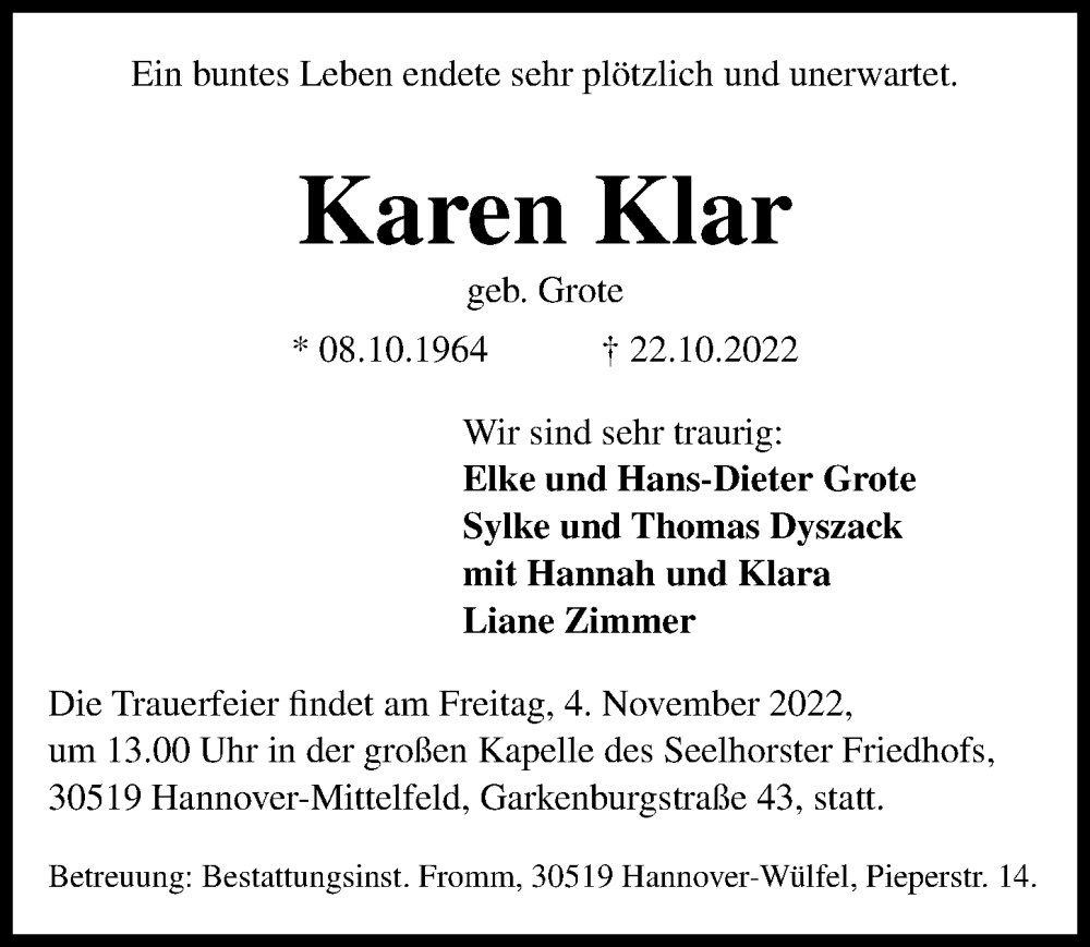Traueranzeigen von Karen Klar | trauer-anzeigen.de