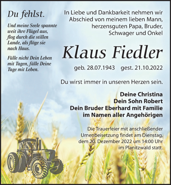 Traueranzeigen von Klaus Fiedler | trauer-anzeigen.de