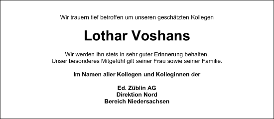 Traueranzeigen von Lothar Voshans | trauer-anzeigen.de