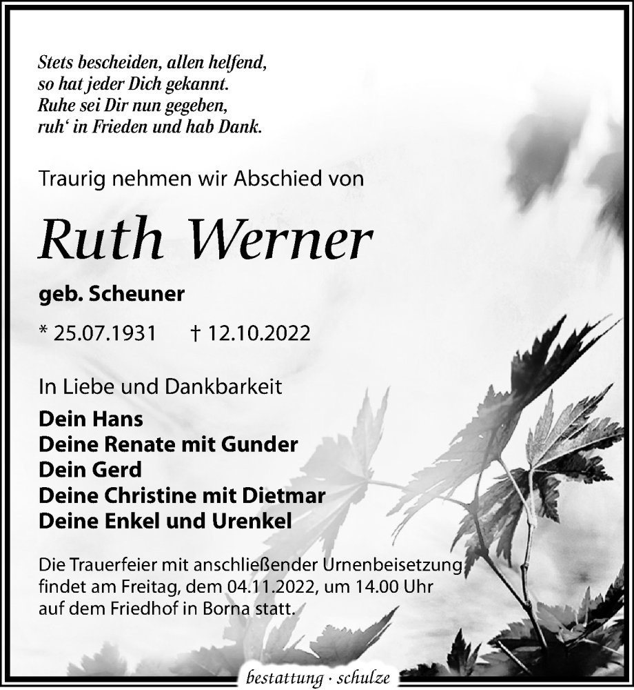 Traueranzeigen von Ruth Werner | trauer-anzeigen.de