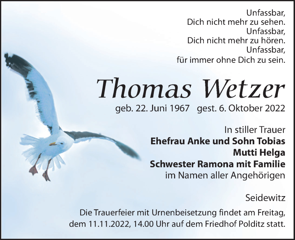 Traueranzeigen von Thomas Wetzer | trauer-anzeigen.de