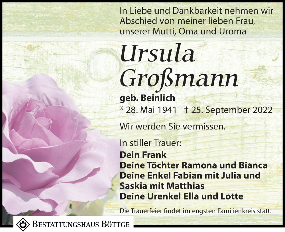 Traueranzeigen von Ursula Großmann | trauer-anzeigen.de