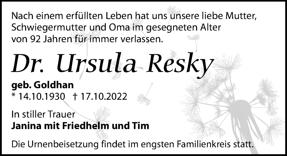 Traueranzeigen von Ursula Resky | trauer-anzeigen.de