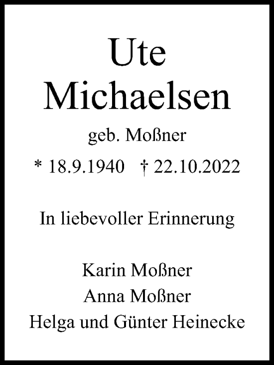 Traueranzeigen von Ute Michaelsen | trauer-anzeigen.de