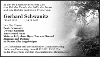 Traueranzeigen von Gerhard Schwanitz | trauer-anzeigen.de