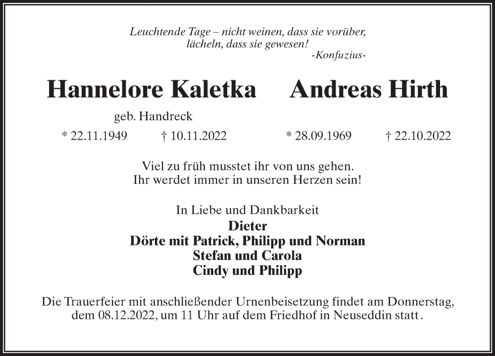 Traueranzeigen von Andreas Hirth | trauer-anzeigen.de