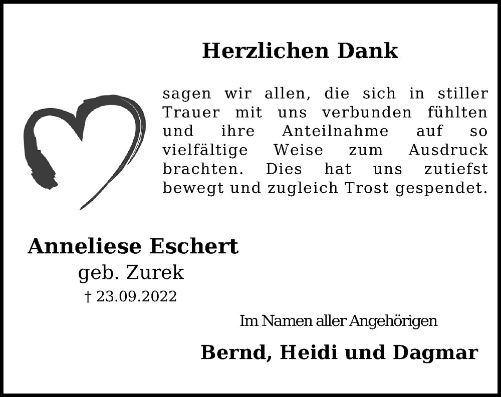 Traueranzeigen von Anneliese Eschert | trauer-anzeigen.de
