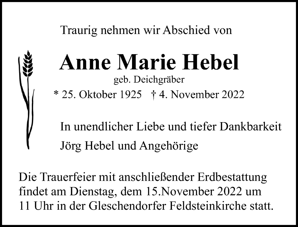 Traueranzeigen von Anne Marie Hebel | trauer-anzeigen.de
