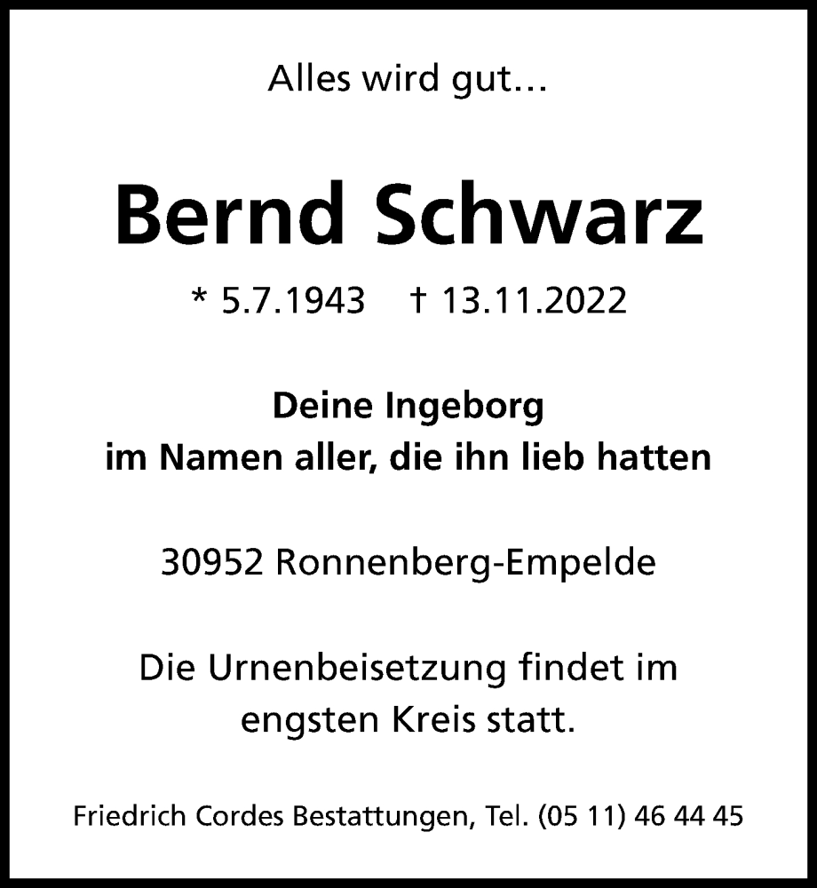 Traueranzeigen von Bernd Schwarz | trauer-anzeigen.de