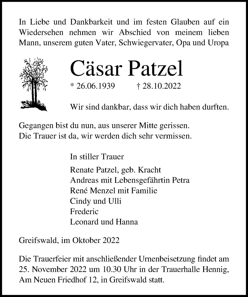 Traueranzeigen von Cäsar Patzel | trauer-anzeigen.de