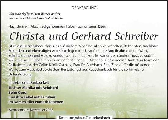 Traueranzeigen von Christa Schreiber | trauer-anzeigen.de