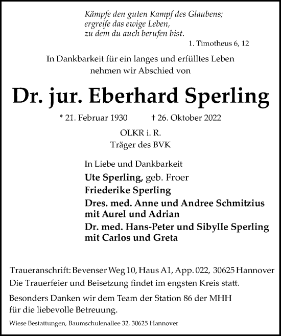 Traueranzeigen von Eberhard Sperling | trauer-anzeigen.de