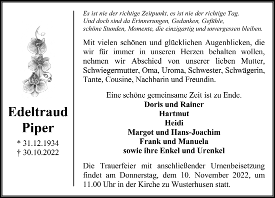 Traueranzeigen von Edeltraud Piper | trauer-anzeigen.de