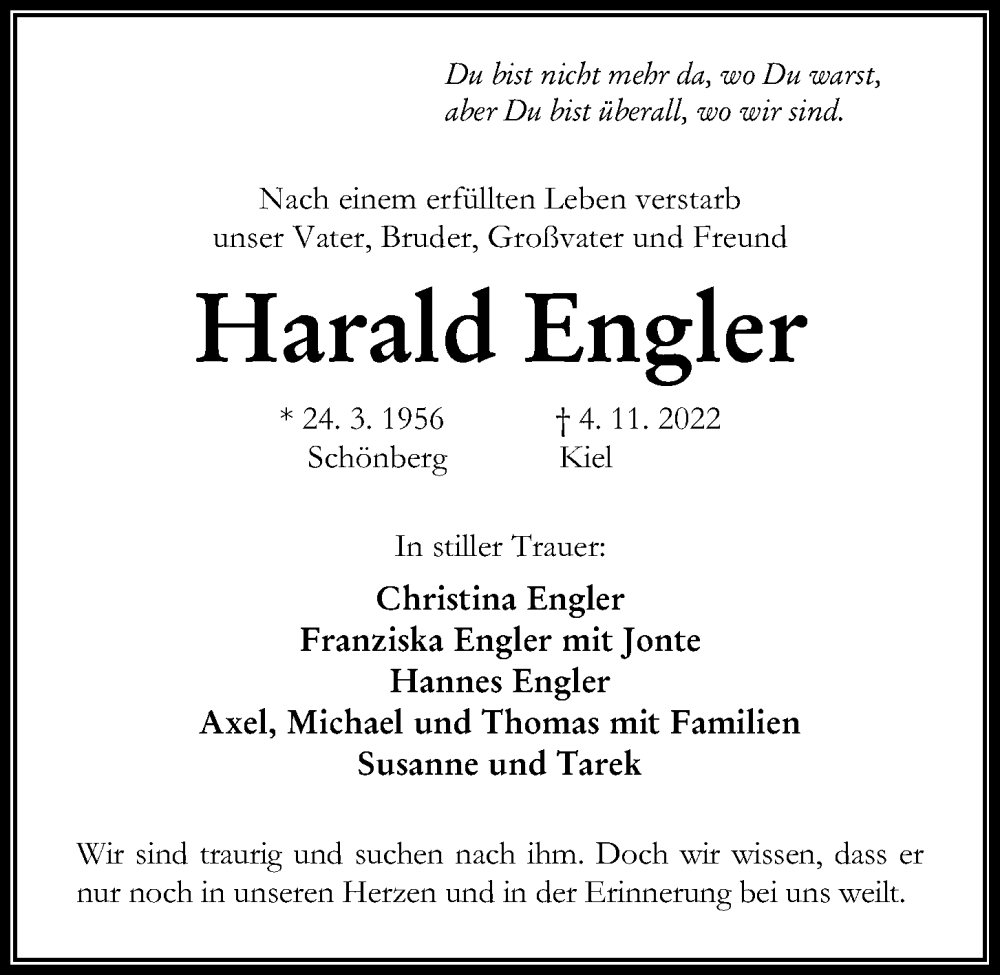 Traueranzeigen von Harald Engler | trauer-anzeigen.de