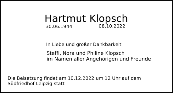 Traueranzeigen von Hartmut Klopsch | trauer-anzeigen.de
