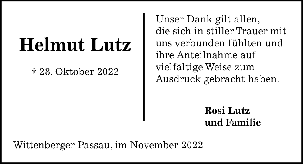 Traueranzeigen von Helmut Lutz | trauer-anzeigen.de