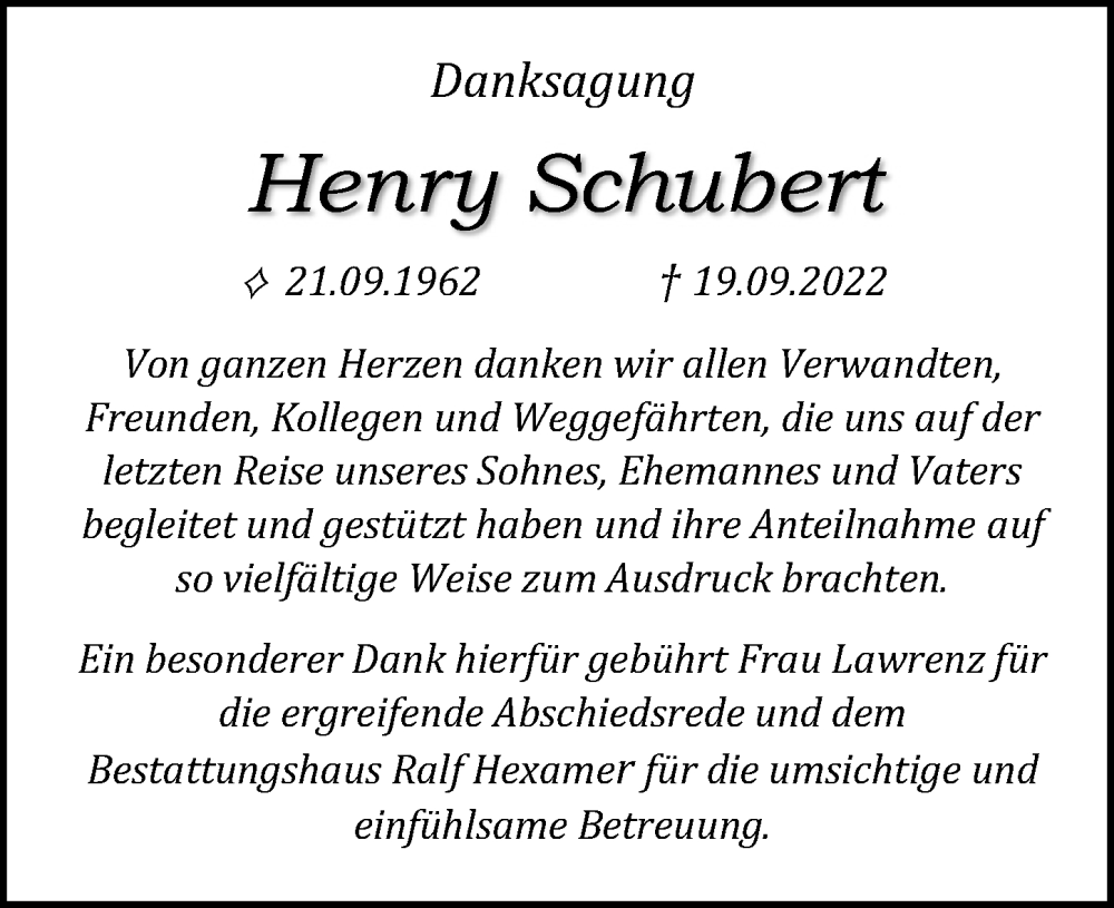 Traueranzeigen von Henry Schubert | trauer-anzeigen.de