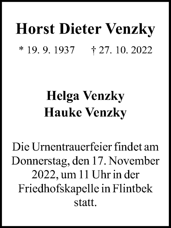 Traueranzeigen von Horst Dieter Venzky | trauer-anzeigen.de