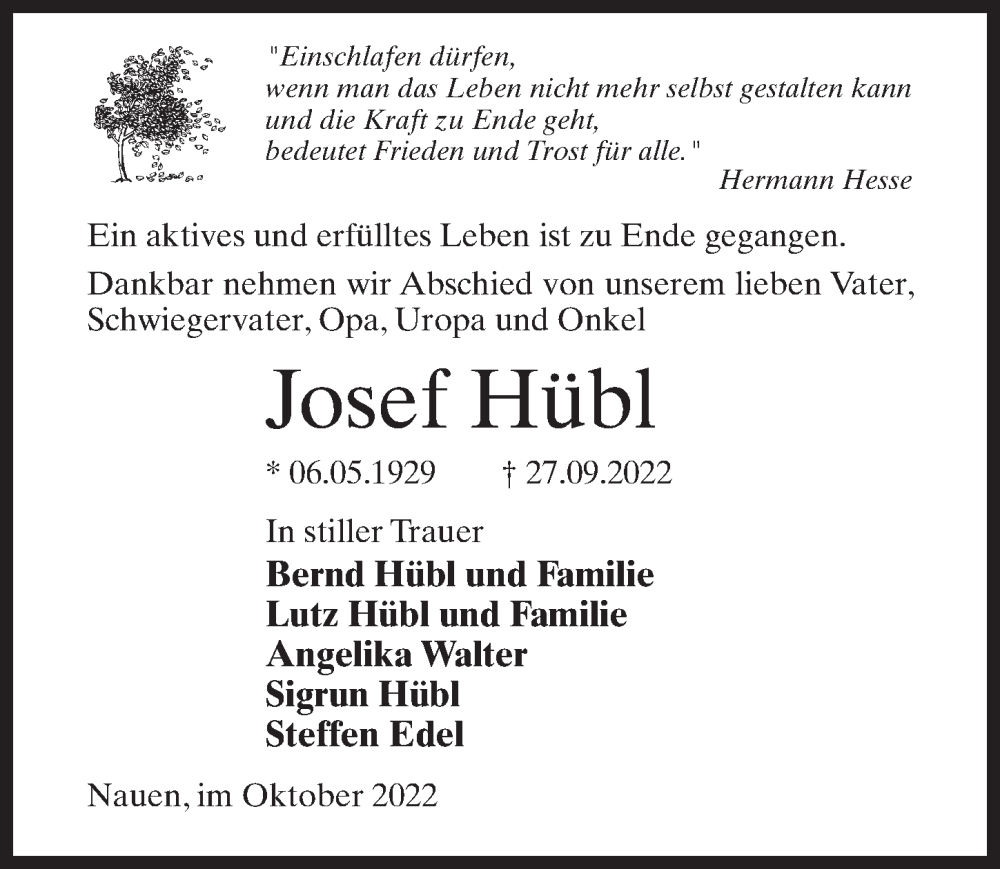 Traueranzeigen von Josef Hübl | trauer-anzeigen.de