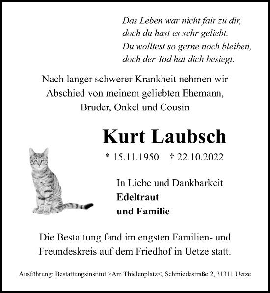 Traueranzeigen von Kurt Laubsch | trauer-anzeigen.de