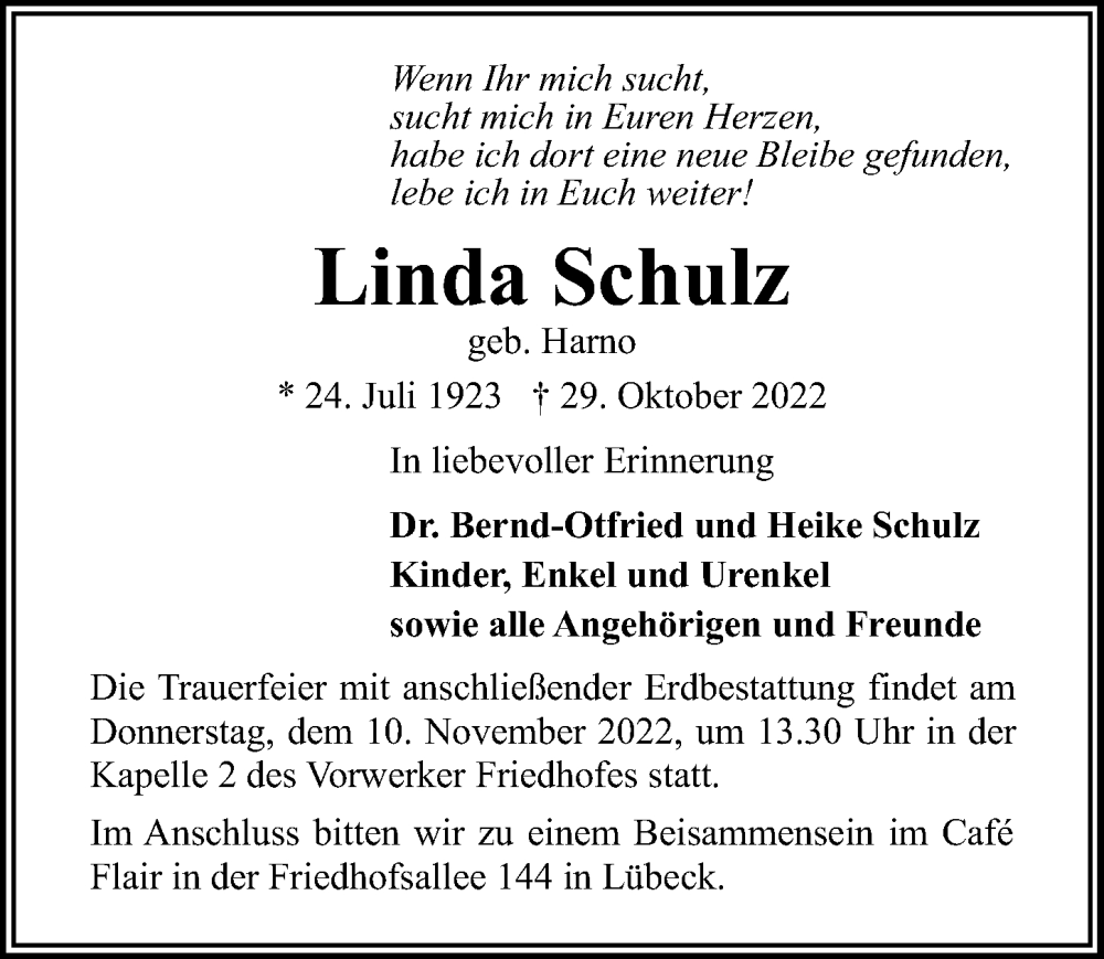 Traueranzeigen von Linda Schulz | trauer-anzeigen.de