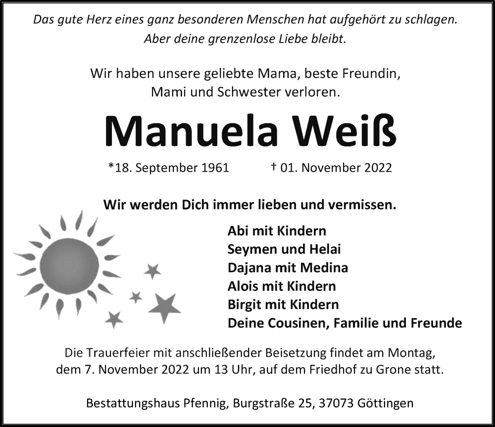 Traueranzeigen von Manuela Weiß | trauer-anzeigen.de