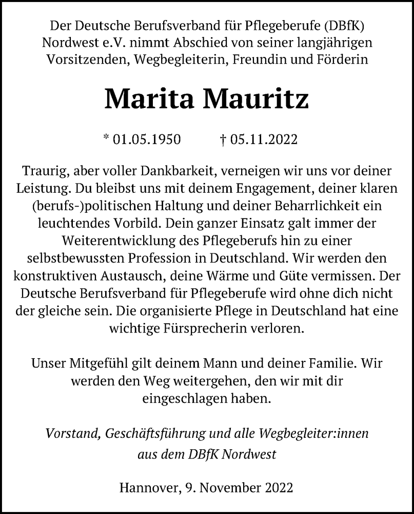 Traueranzeigen von Marita Mauritz | trauer-anzeigen.de