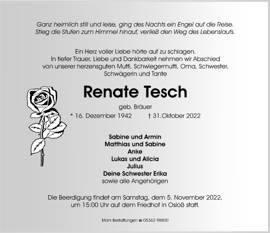 Traueranzeigen von Renate Tesch | trauer-anzeigen.de
