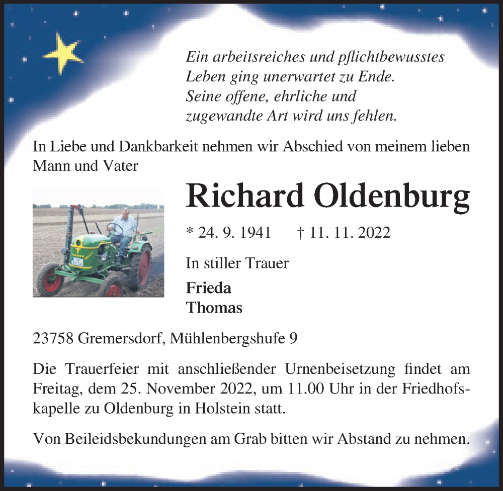 Traueranzeigen von Richard Oldenburg | trauer-anzeigen.de