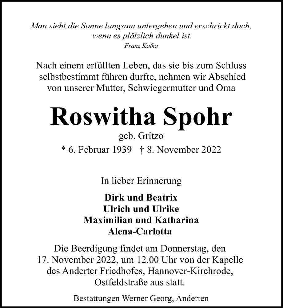 Traueranzeigen von Roswitha Spohr | trauer-anzeigen.de