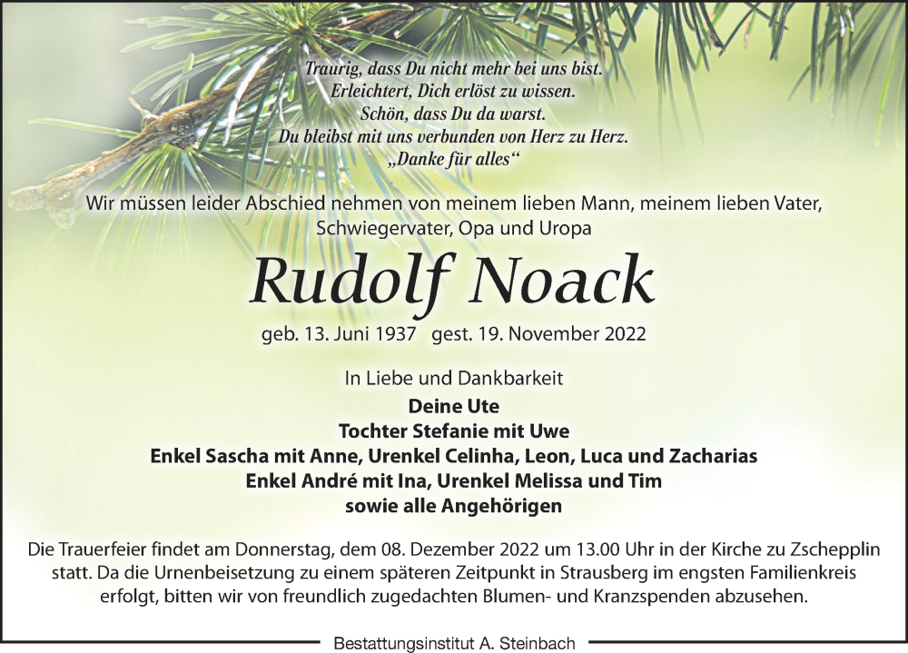 Traueranzeigen von Rudolf Noack | trauer-anzeigen.de