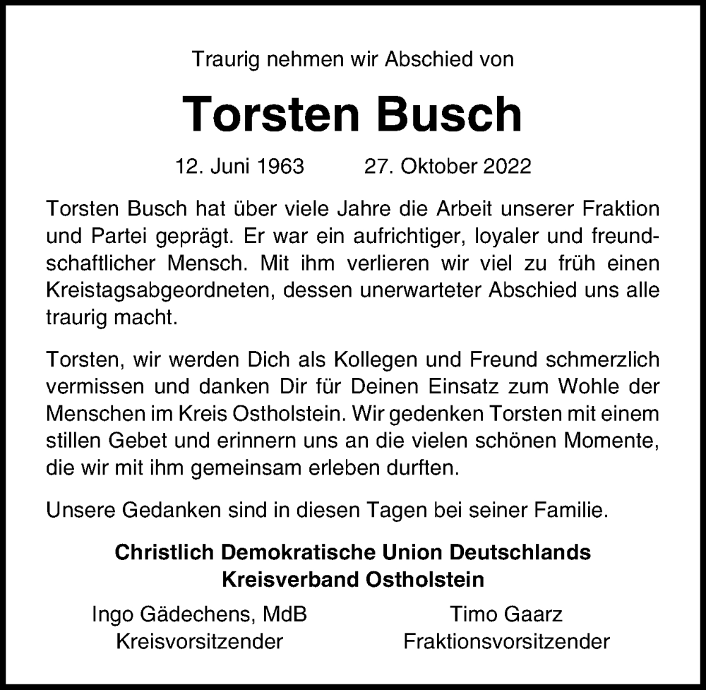 Traueranzeigen von Torsten Busch | trauer-anzeigen.de