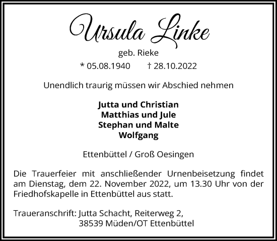 Traueranzeigen von Ursula Linke | trauer-anzeigen.de