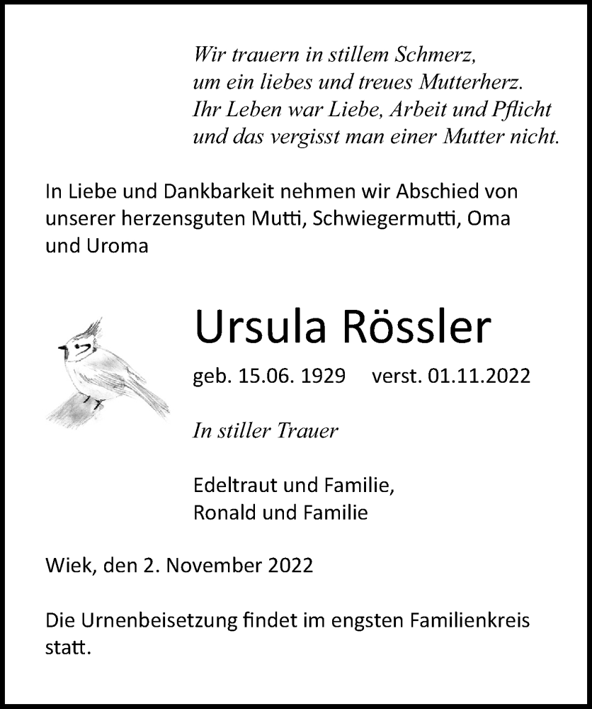 Traueranzeigen von Ursula Rössler | trauer-anzeigen.de
