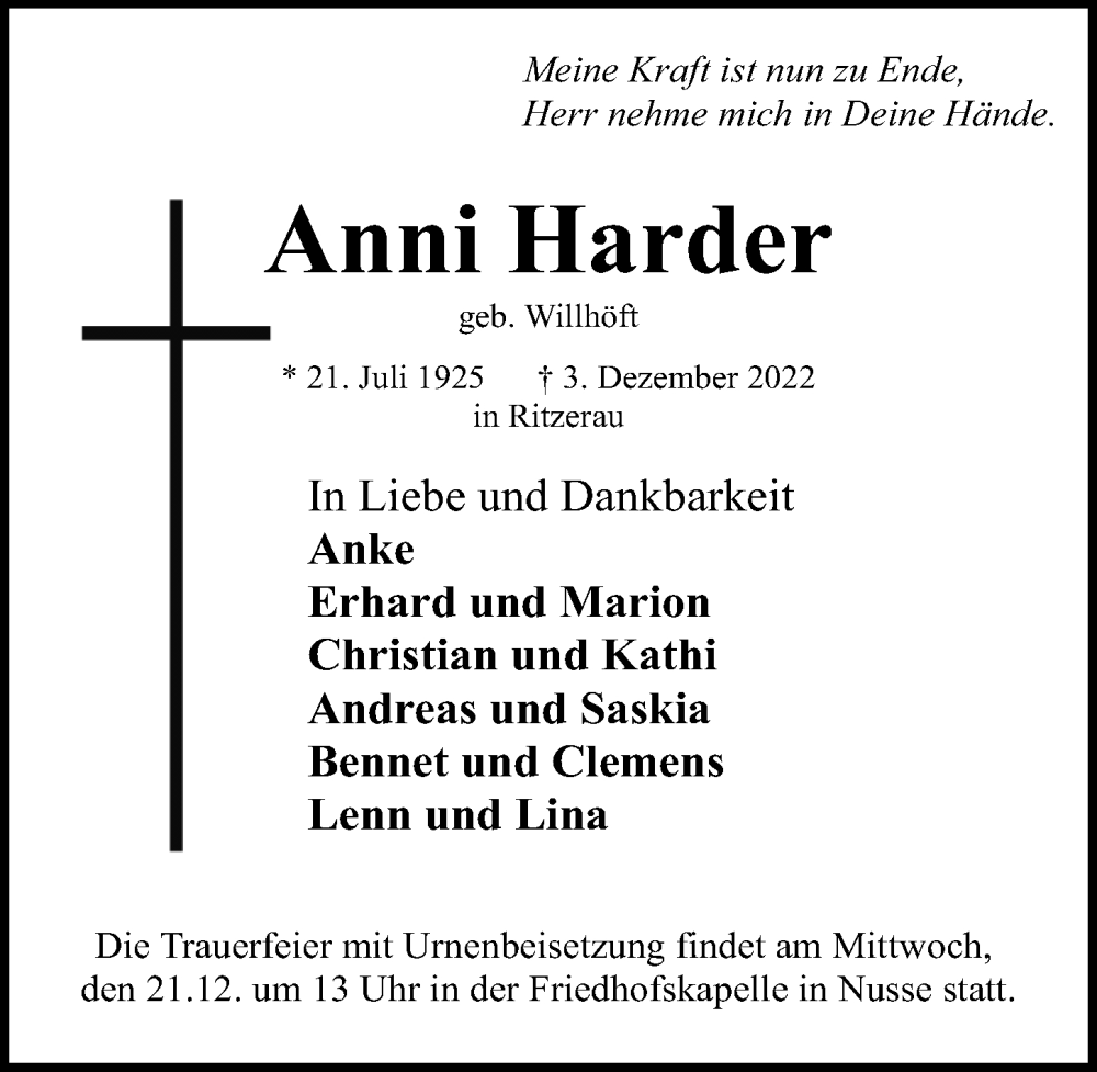 Traueranzeigen von Anni Harder | trauer-anzeigen.de