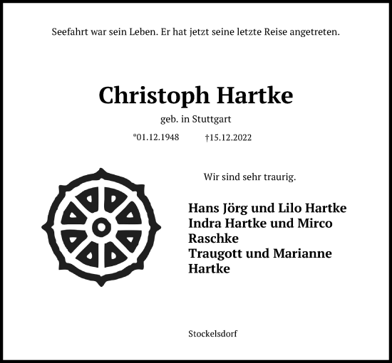 Traueranzeigen von Christoph Hartke | trauer-anzeigen.de