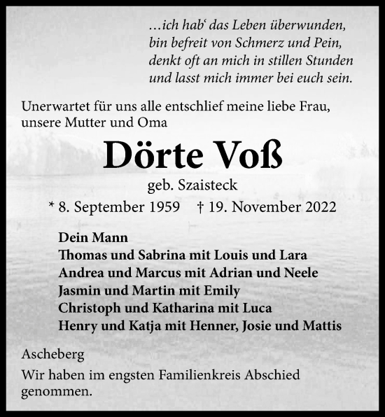 Traueranzeigen von Dörte Voß | trauer-anzeigen.de