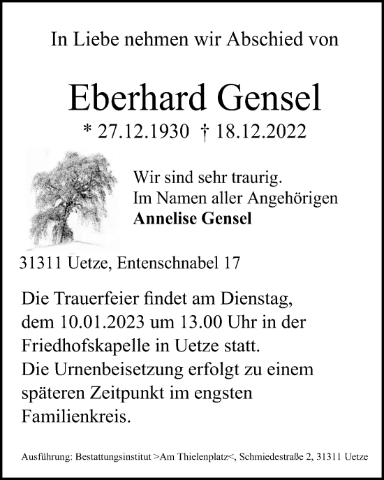 Traueranzeigen von Eberhard Gensel | trauer-anzeigen.de