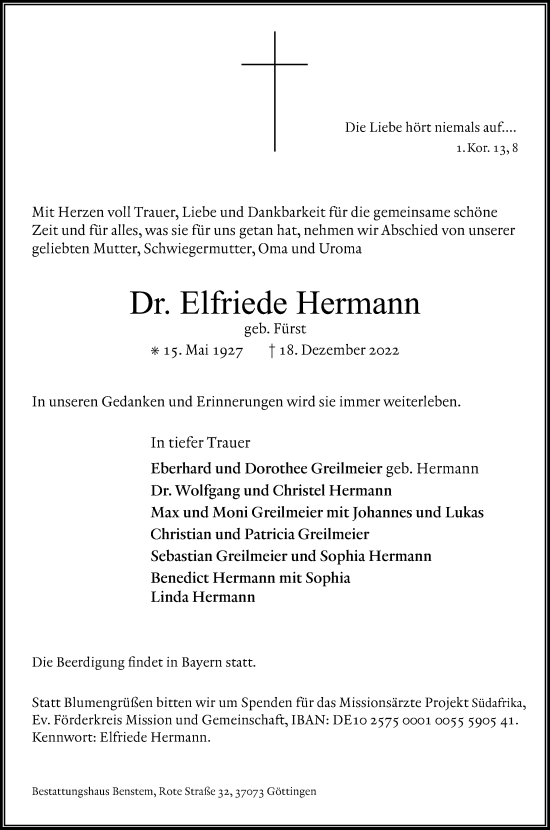 Traueranzeigen von Elfriede Hermann | trauer-anzeigen.de
