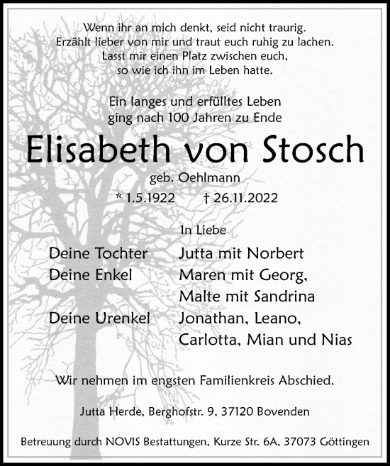Traueranzeigen von Elisabeth von Stosch | trauer-anzeigen.de