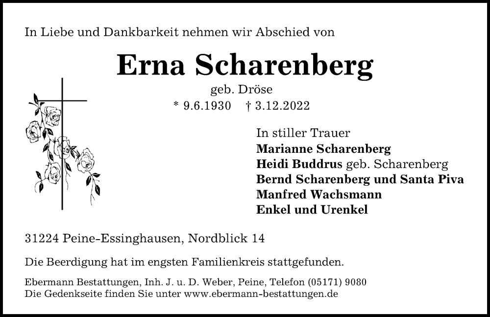 Traueranzeigen von Erna Scharenberg | trauer-anzeigen.de