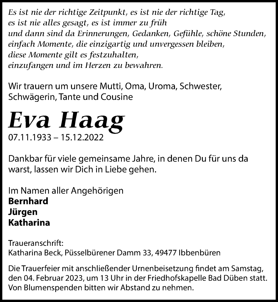 Traueranzeigen von Eva Haag | trauer-anzeigen.de