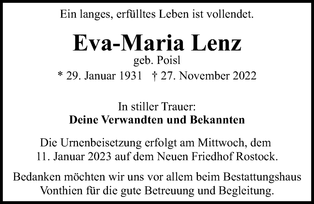 Traueranzeigen von Eva-Maria Lenz | trauer-anzeigen.de