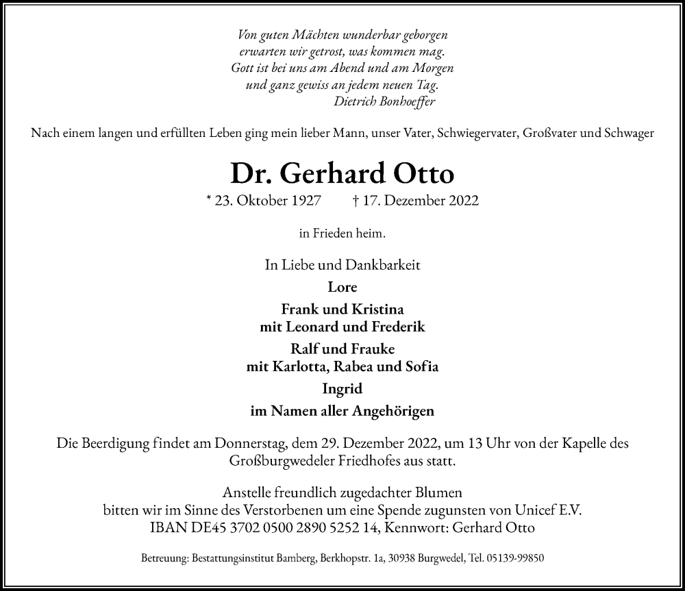 Traueranzeigen von Gerhard Otto | trauer-anzeigen.de