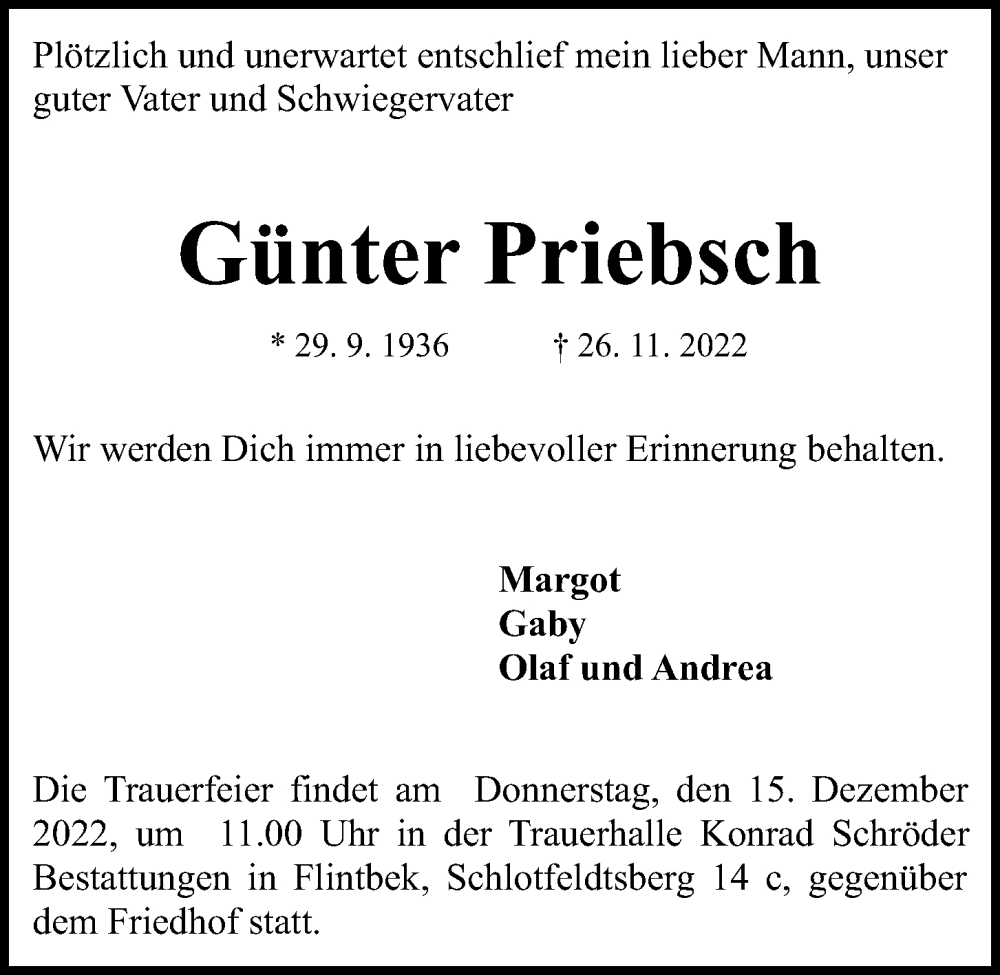 Traueranzeigen von Günter Priebsch | trauer-anzeigen.de